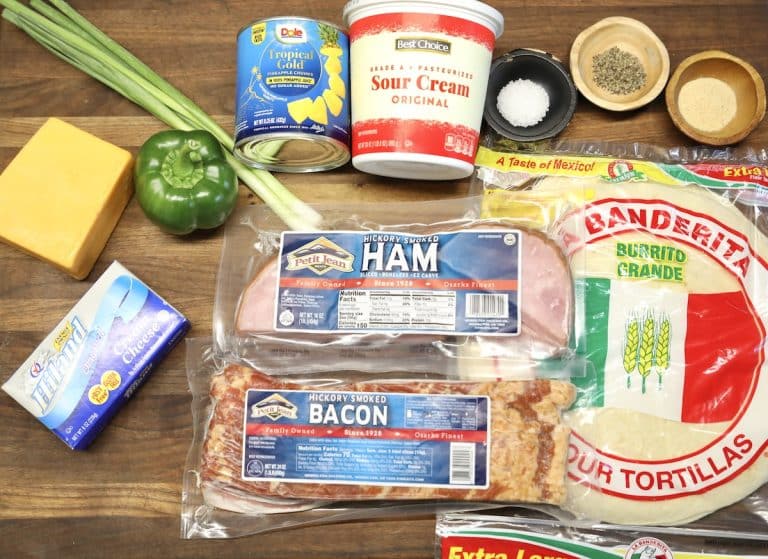 Hawaiian Tortilla Roll Ups (ham, bacon & pineapple) - Miss in the Kitchen